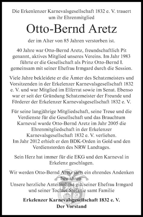 Traueranzeigen Von Otto Bernd Aretz Aachen Gedenkt
