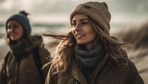 Premium Photo Young Women Feel The Cold Wind On The Beach