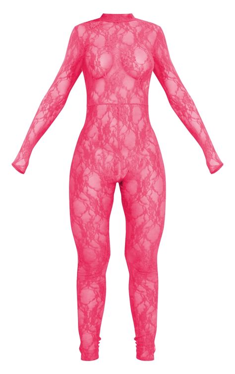 Hot Pink Sheer Lace High Neck Long Sleeve Jumpsuit Jumpsuits