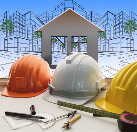 Engineer Working Table With Construction Industry And Engineering Working Tool On Top Of Table