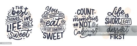 재미있는 속담 카페 또는 베이커리 인쇄에 대한 영감 따옴표로 설정합니다 엠보싱 테이프와 브러쉬 서예 손으로 그린 스타일의 디저트 문자 슬로건 벡터 먹기에 대한 스톡 벡터
