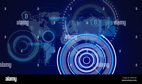 Image Of Globe Bitcoin Processing Circles And World Map On Navy