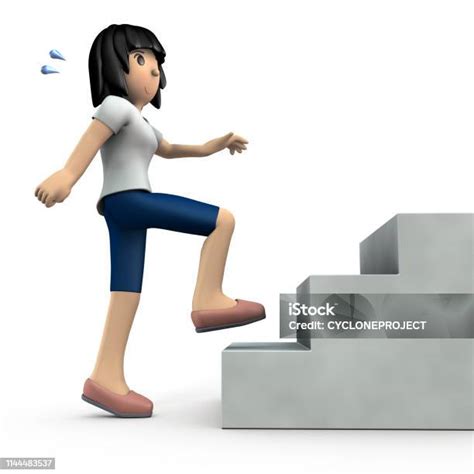 계단을 올라가는 젊은 여자 그녀는 건강을 위해 운동 하 고 있습니다 흰색 배경입니다 3d 그림입니다 20 29세에 대한 스톡