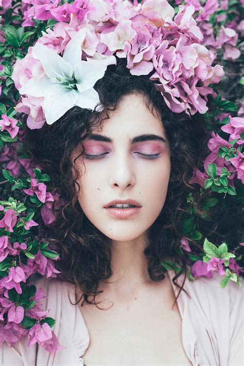 Closed Eyes Woman Beauty With Pink Pastel Flowers By Stocksy