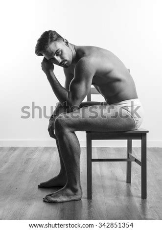 Brunette Man Underwear Sitting On Wooden Stock Photo Edit Now