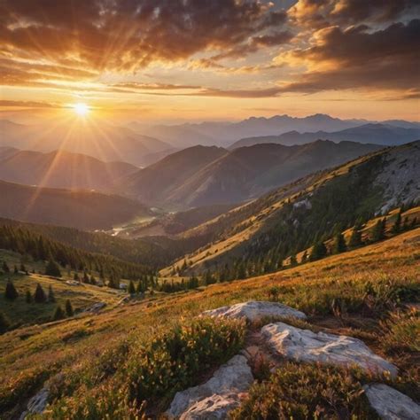 Majestic Sunrise Over Serene Mountain Landscape Premium Ai Generated
