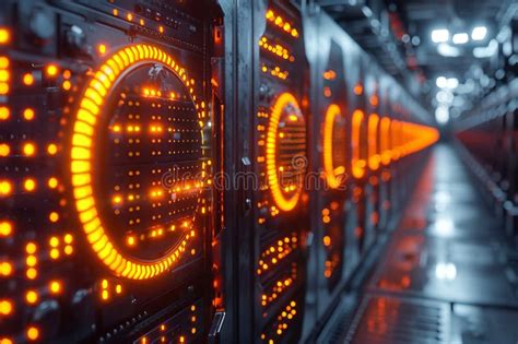 Data Center With Hightech Servers And Orange Lights Shows Modern And Secure Infrastructure Stock