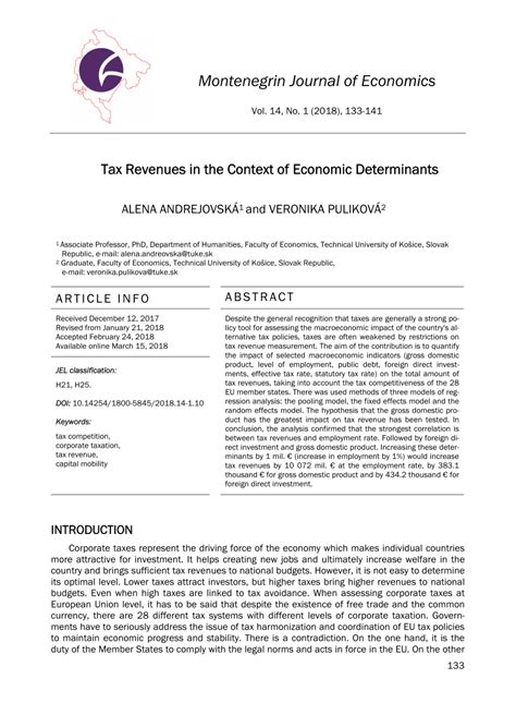 Pdf Tax Revenues In The Context Of Economic Determinants