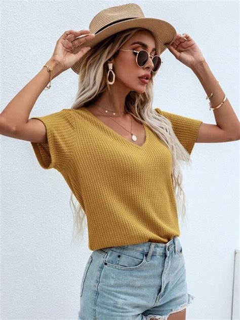 Waffle Knit V Neck Solid Tee ⋆ Womens Store
