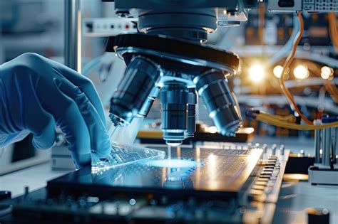 Inspecting Semiconductor Wafers Under Microscope In Hightech Lab
