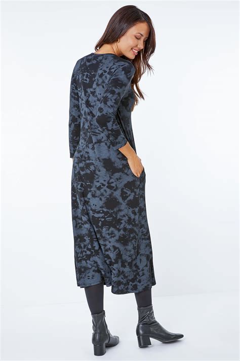 Dark Grey Tie Dye Pocket Jersey Midi Dress Roman Uk