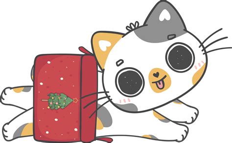 Cute Christmas Naughty Kitten Cat Breeds With T Present Box Cartoon