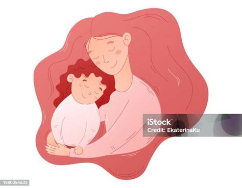 포옹하는 어머니와 딸의 귀여운 평면 초상화 아이와 함께 행복 한 부모의 벡터 만화 그림입니다 모성 사랑과 보살핌 어머니에 대한