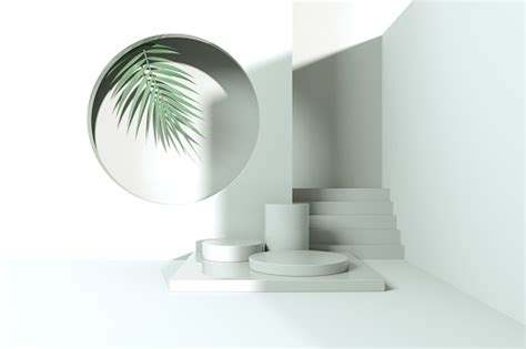 디스플레이용 받침대 디자인 플랫폼 녹색 잎이 있는 빈 공간에 블랭크 제품 스탠드 3d 렌더링 0명에 대한 스톡 사진 및 기타 이미지 Istock