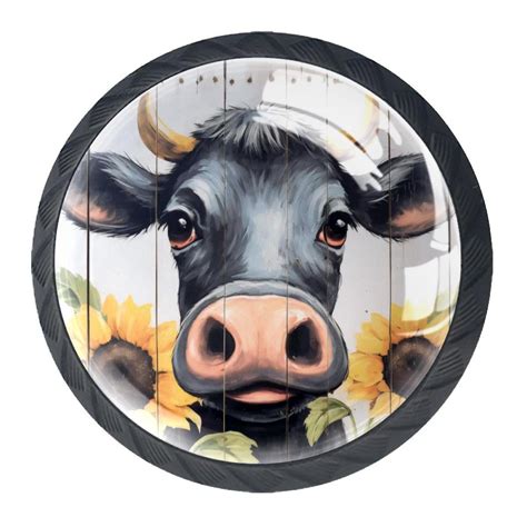 4 Pack Black Drawer Knobs Farm Cow Sunflower On Rustic Wood Plank
