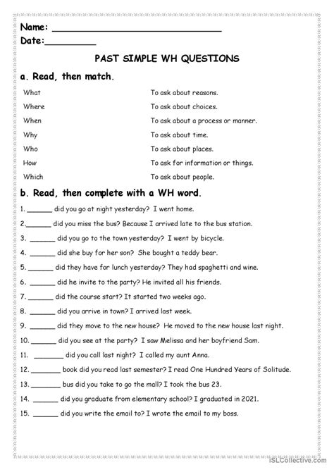 Past Simple And Wh Questions General English Esl Worksheets Pdf And Doc
