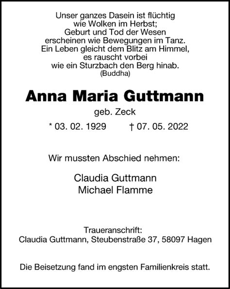 Traueranzeigen Von Anna Maria Guttmann Trauer In Nrwde