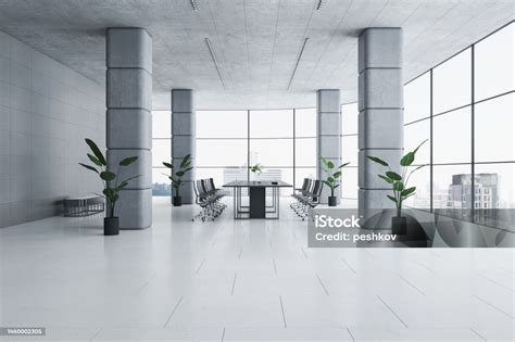 탁 트인 창문과 도시 전망을 갖춘 현대적인 넓은 콘크리트 타일 회의실 인테리어 법률 및 법률 회의실 개념 3d 렌더링 3차원 형태에 대한 스톡 사진 및 기타 이미지 Istock