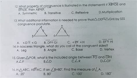 Solved 12 What Property Of Congruence Is Illustrated In The Statement If Ab De And Overline