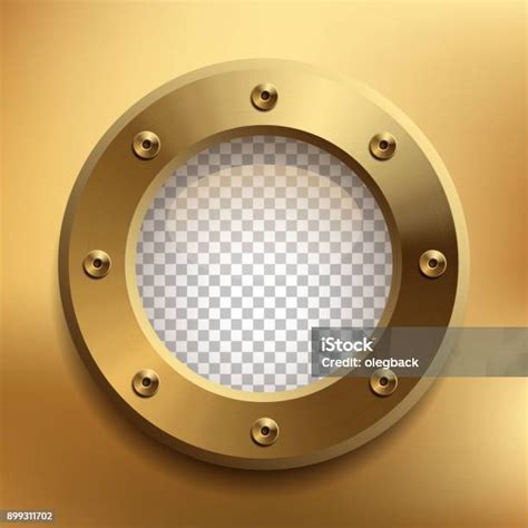 투명 한 유리를 가진 황동 현 창입니다 디자인 창에서 별도 레이어에 배치 합니다 벡터 일러스트입니다 3차원 형태에 대한 스톡 벡터 아트 및 기타 이미지 Istock