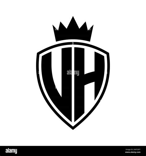 Uh Letter Bold Monogram With Shield And Crown Outline Shape With Black And White Color Design