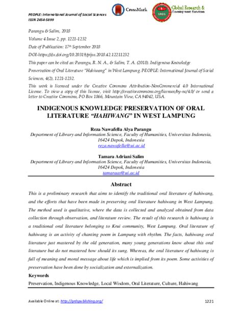 Pdf Indigenous Knowledge Preservation Of Oral Literature Hahiwang