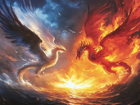 White And Red Phoenixes Face Off In A Fiery Sky Stock Illustration