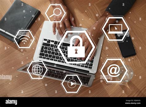 Cyber Security Concept Illustration Of Different Virtual Icons And Man Working With Laptop At