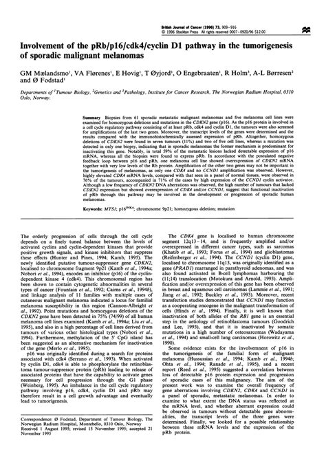 Pdf Involvement Of The Prb P16 Cdk4 Cyclin D1 Pathway In The Tumorigenesis Of Sporadic