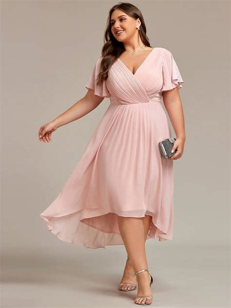 Plus Size V Neck Chiffon Wedding Guest Dress With High Low Hem Ever