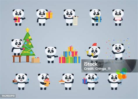 아기 팬더 캐릭터의 큰 세트는 다른 상황에서 포즈 선물 상자 스크롤 케이크 풍선 장식 크리스마스 트리를 들고 다른 작업을 하는 쾌활 한 팬더 0명에 대한 스톡 벡터 아트 및