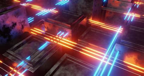 Abstract Background Using Cube Pattern With Metallic And Voronoi Texture Orange And Blue Laser