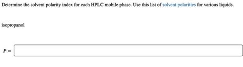 solved determine the solvent polarity index for each hplc mobile