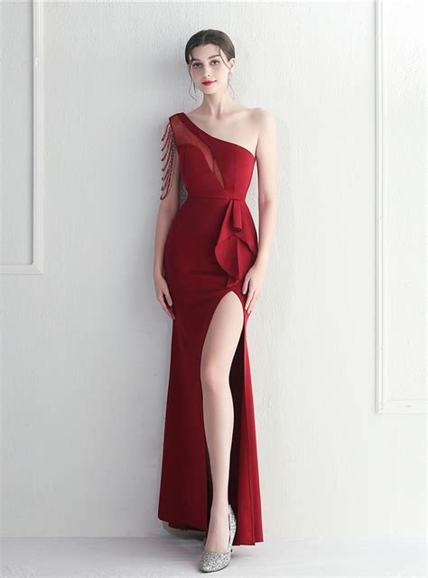 In Stockship In 48 Hours Burgundy One Shoulder Mesh Perspective Party