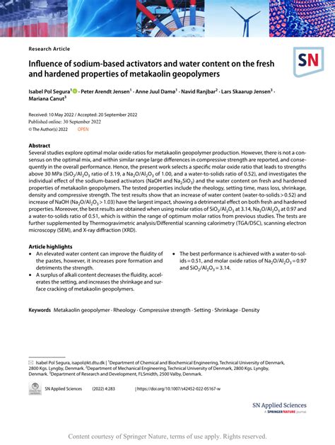 Pdf Influence Of Sodium Based Activators And Water Content On The