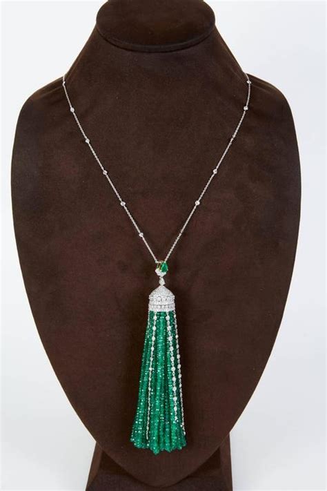 Incredible Important Emerald Diamond Gold Tassel Necklace For Sale At