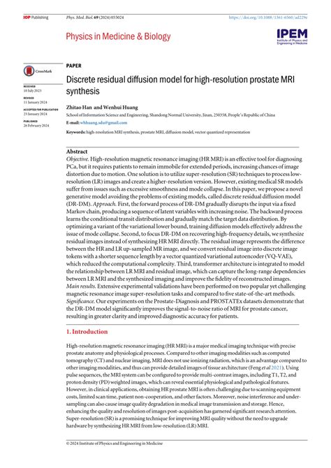 Discrete Residual Diffusion Model For High Resolution Prostate Mri