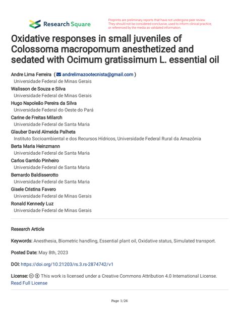Pdf Oxidative Responses In Small Juveniles Of Colossoma Macropomum Anesthetized And Sedated
