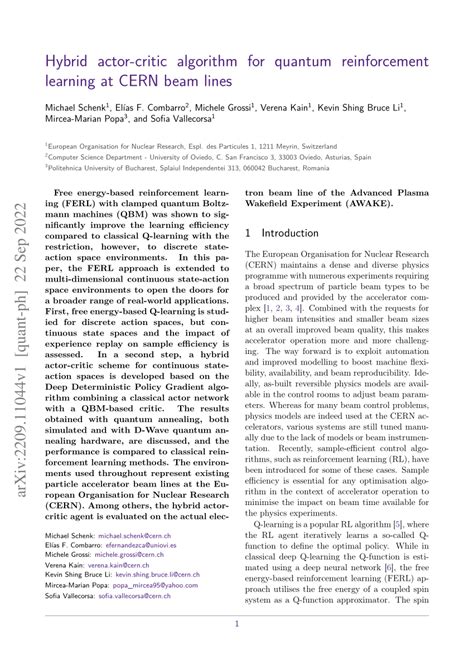 Pdf Hybrid Actor Critic Algorithm For Quantum Reinforcement Learning At Cern Beam Lines