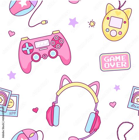 Gamer Girl Colorful Seamless Pattern Vector Illustration Flat Style