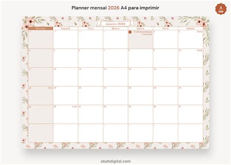Planner Digital Mensal 2026 Para Imprimir A4 Obah Digital
