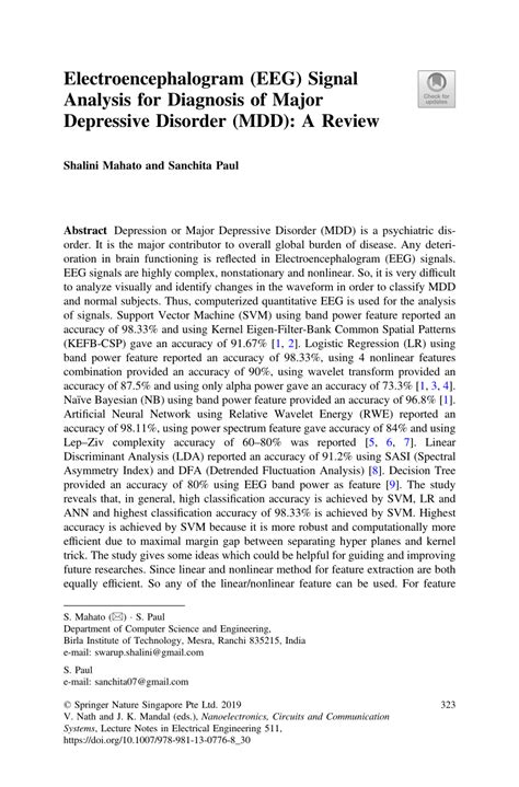 Pdf Electroencephalogram Eeg Signal Analysis For Diagnosis Of Major Depressive Disorder Mdd
