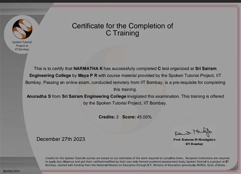 Completed Spoken Tutorial C Programming Training Narmatha K Posted On