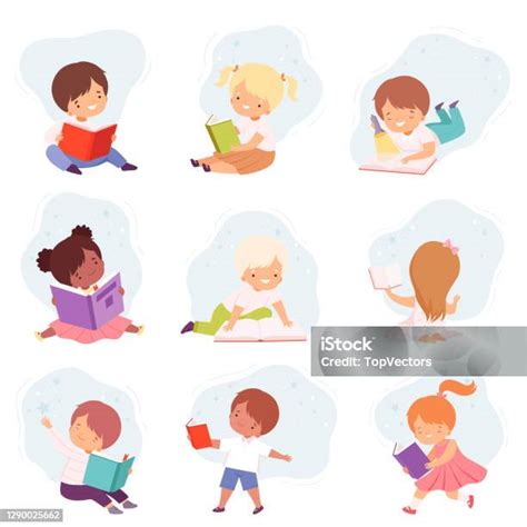 작은 아이 독서 책 세트 문학 교육과 상상력 개념 만화 스타일 벡터 일러스트의 바닥을 즐기고 바닥에 앉아 귀여운 소년과 소녀