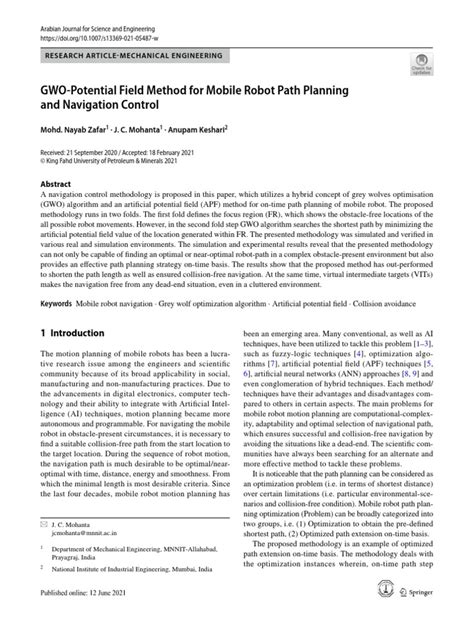 Gwo Potential Field Method For Mobile Robot Path Planning And Navigation Control Pdf
