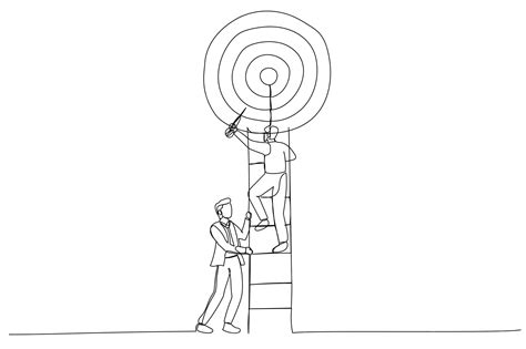 사업가의 그림 팀워크에 대한 대상 은유에서 사다리를 오르는 한 라인 아트 스타일 프리미엄 벡터