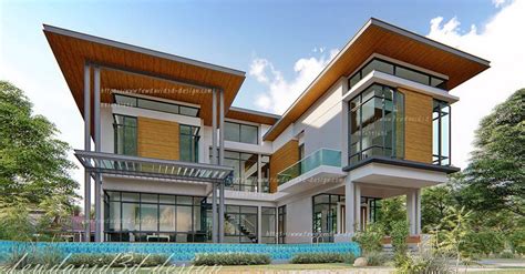 แบบบ้านสองชั้นสไตล์โมเดิร์น ดีไซน์ตัวบ้านรูปทรงตัวยู U Shape พร้อมสระว่ายน้ำส่วนตัว Naibann