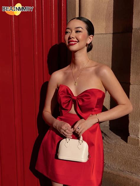 Women Fashion Red Bow Hollow Strapless Mini Dress Sexy Off Shouder