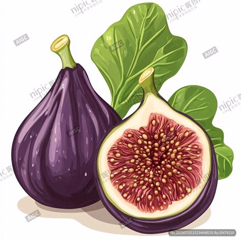 Ai创作图无花果 水果 插画 绿叶 果实 切开 紫色 果肉 种子 营养 健康 美食 卡通 自然 生鲜 昵图网