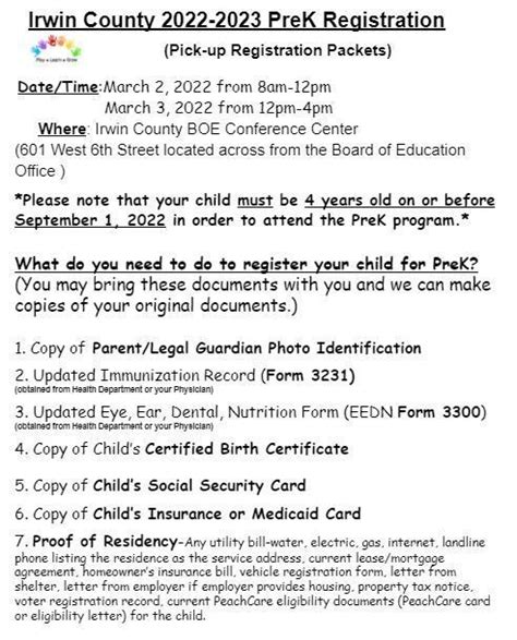 22 23 Prek Registration Irwin County Elementary
